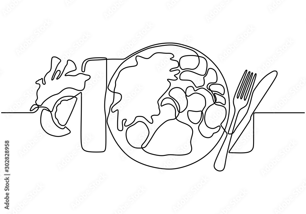 Food on the plate continuous one line drawing. Vector meal for eating ...