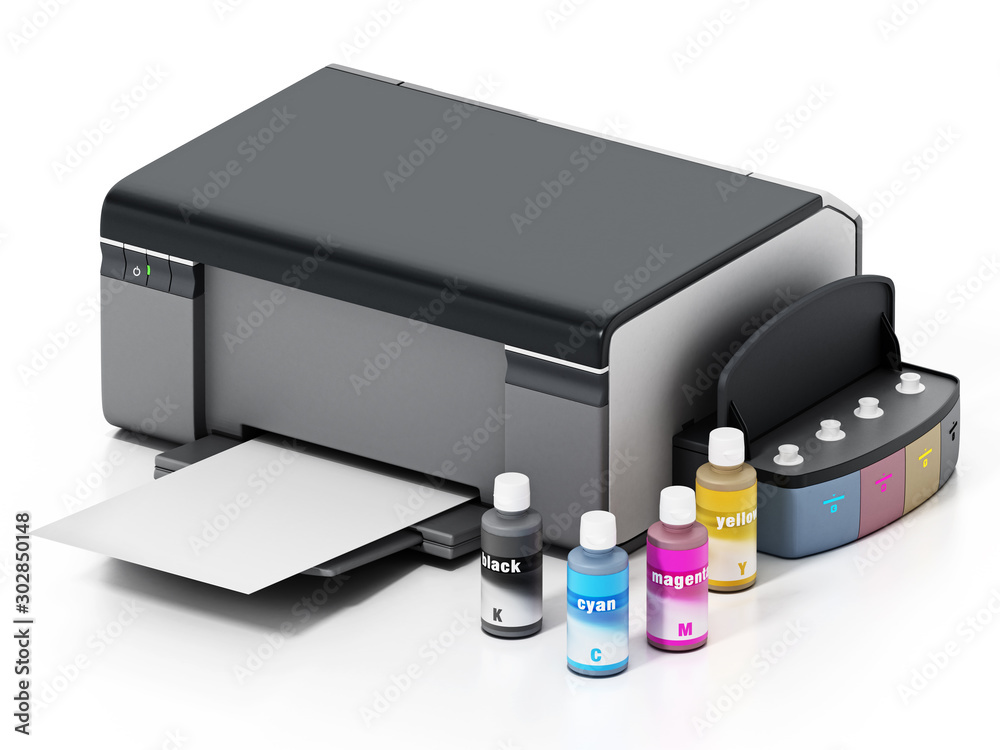 InkJet printer with refillable ink tanks isolated on white background ...