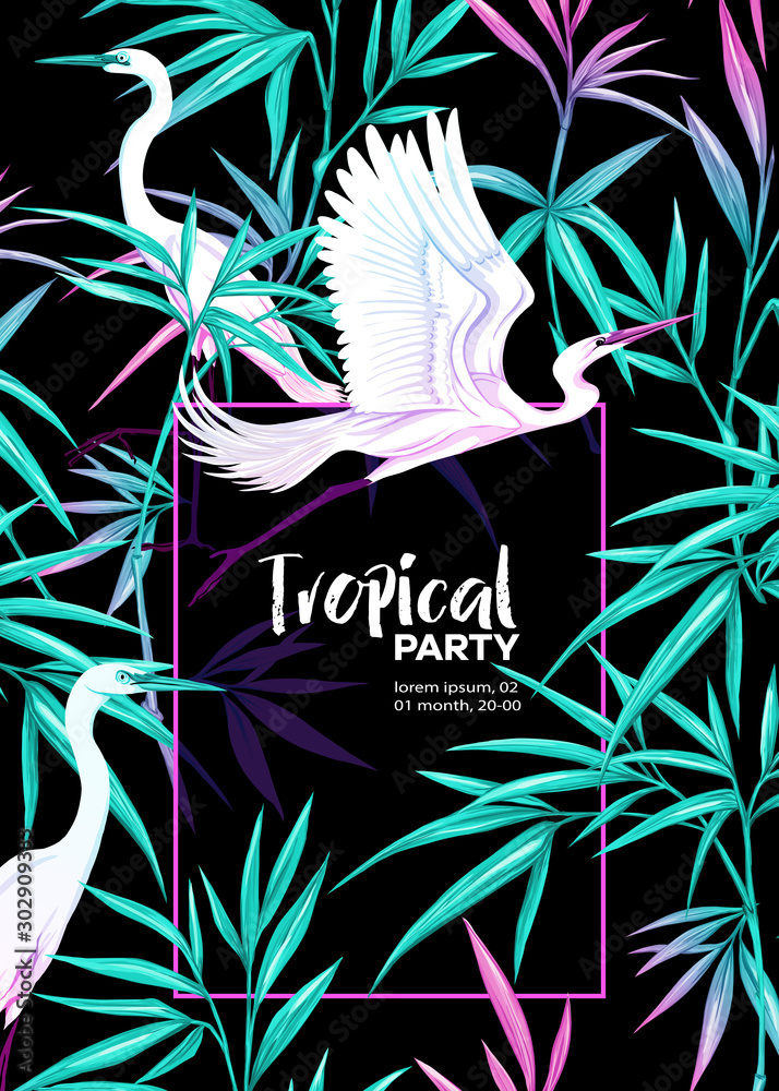 Background, party invitation, cover with text box with tropical plants ...