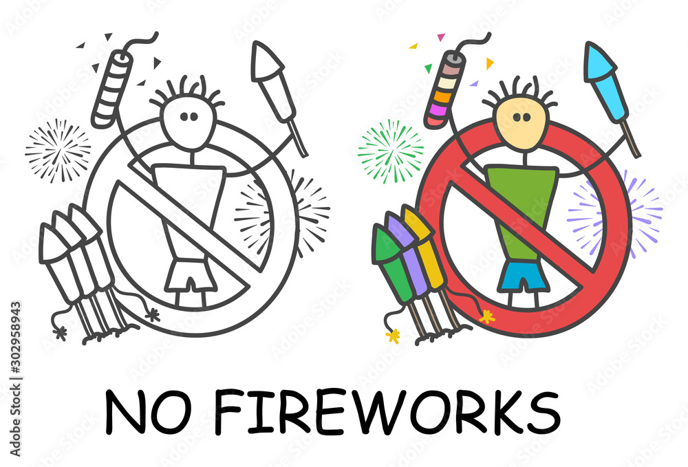 Funny vector stick man with a fireworks in children's style. No ...