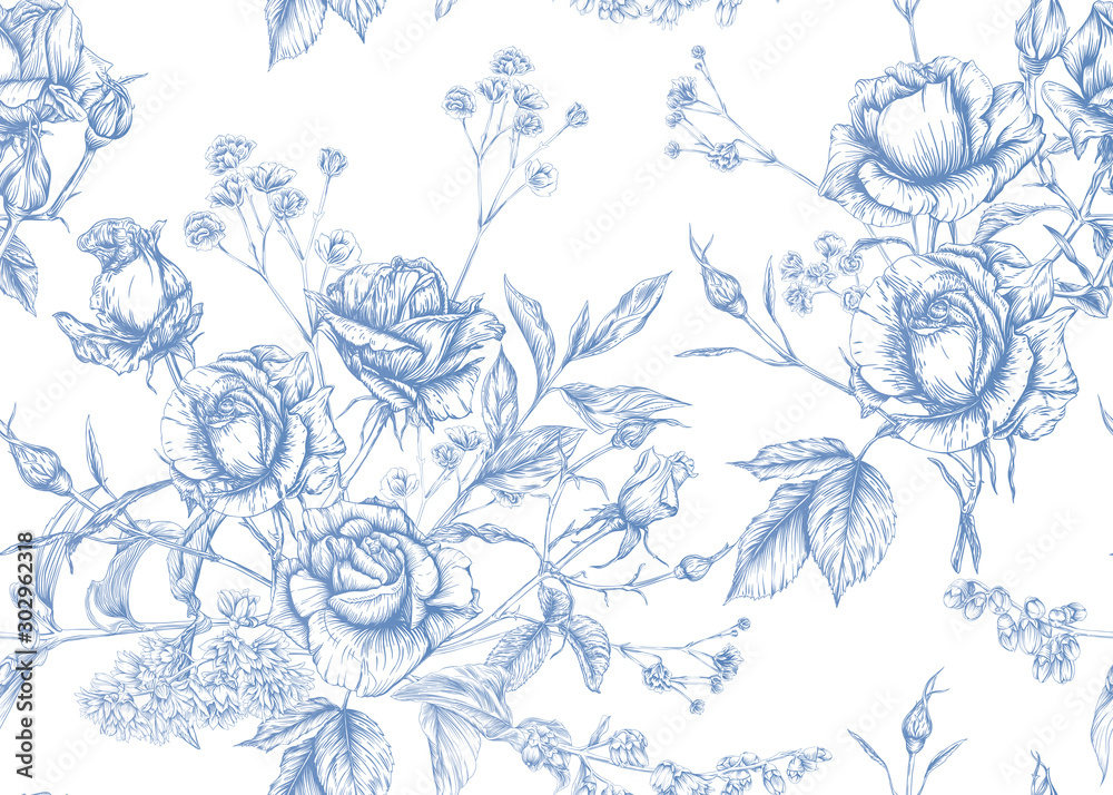 Roses and spring flowers seamless pattern. Graphic drawing, engraving ...