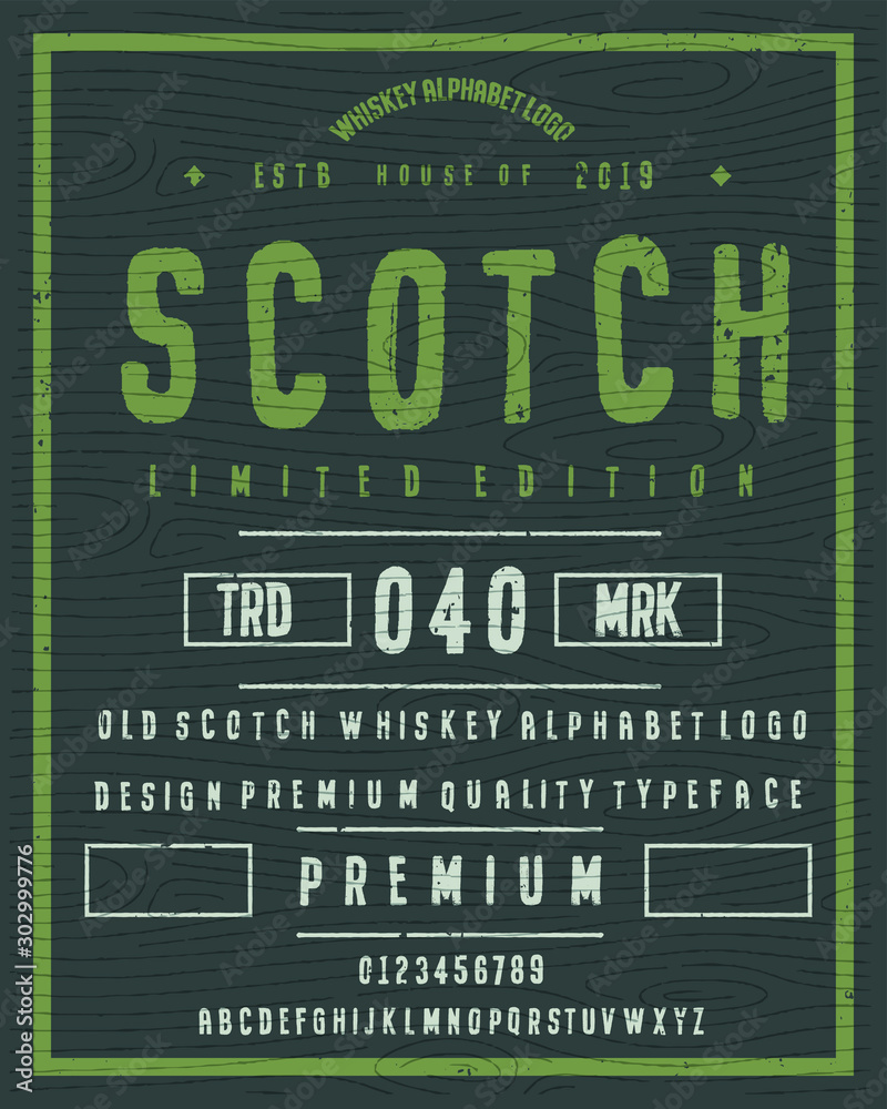 Vector de Stock Vintage decorative font "whiskey" with sample design ...