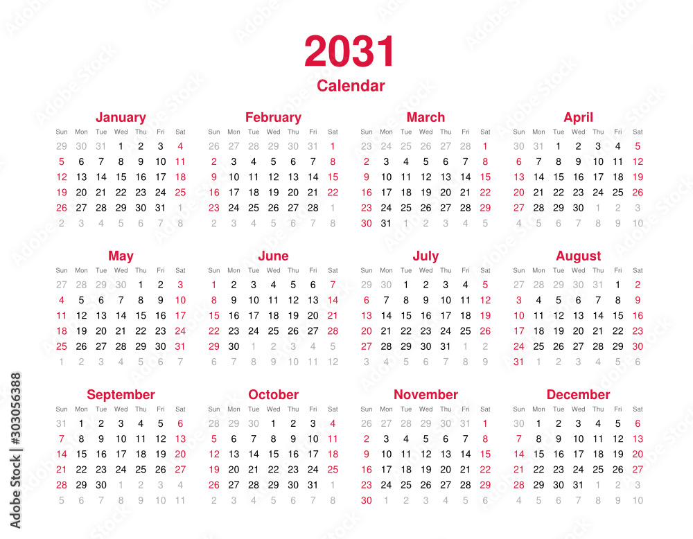 Calendar 2031 - 12 months yearly vector calendar in year 2031 ...