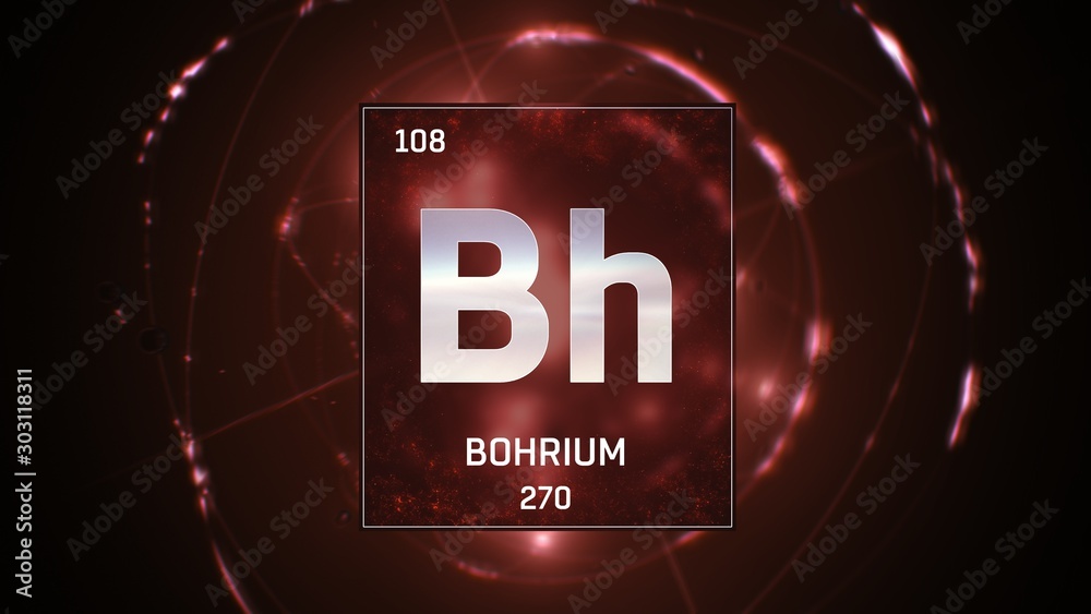 3D illustration of Bohrium as Element 107 of the Periodic Table. Red ...