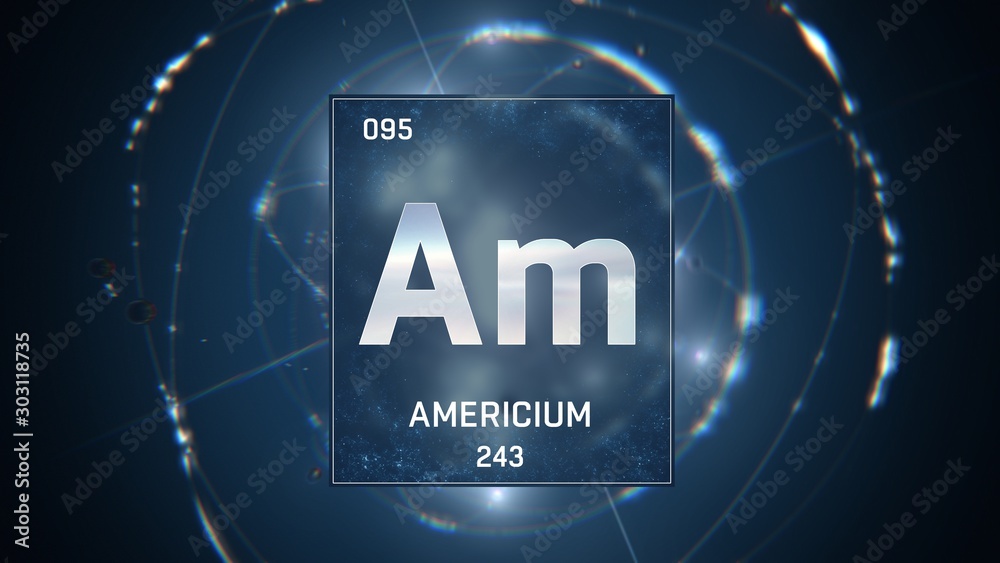 3D illustration of Americium as Element 95 of the Periodic Table. Blue ...