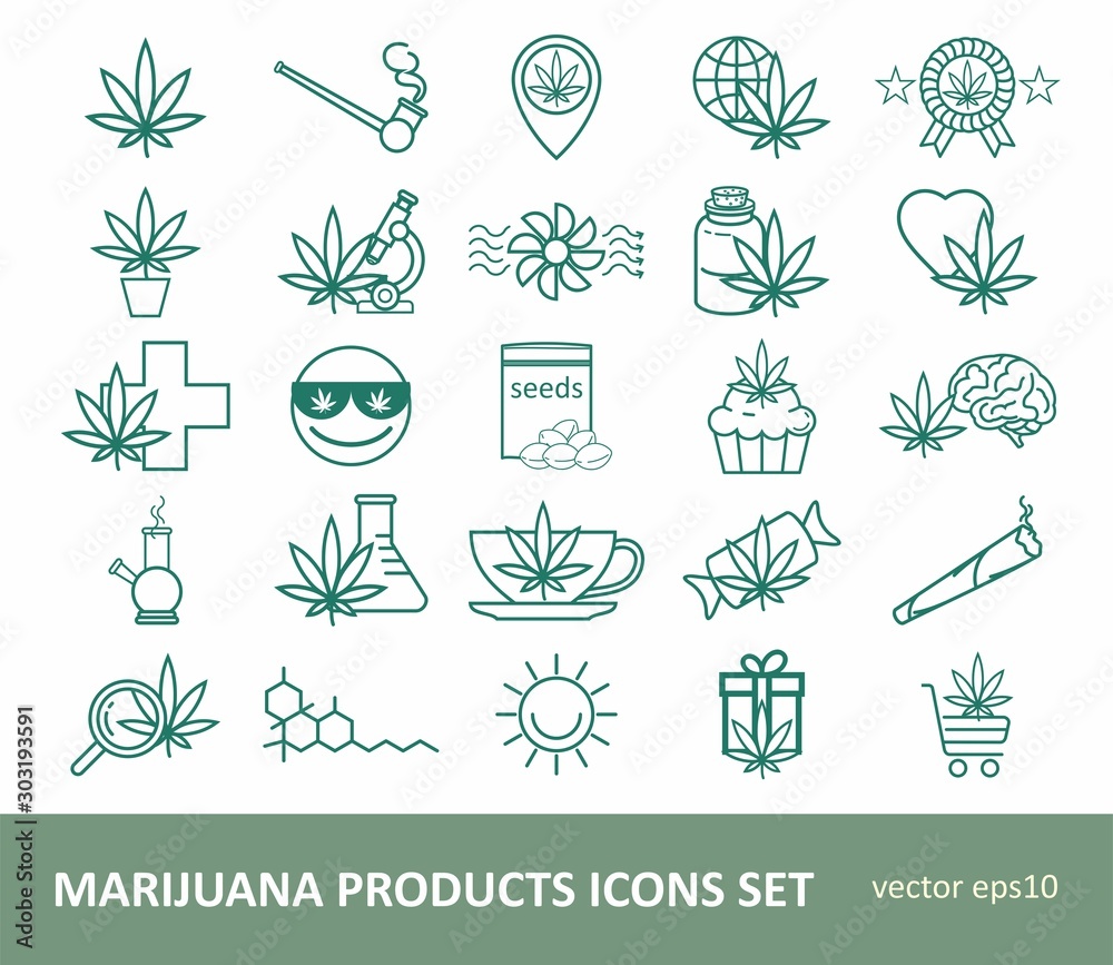 Marijuana Products Icons Set. Cannabis icon set. Cannabidiol linear ...