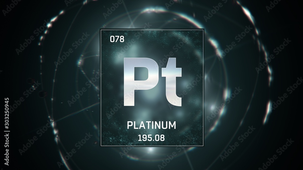 3D illustration of Platinum as Element 78 of the Periodic Table. Green ...