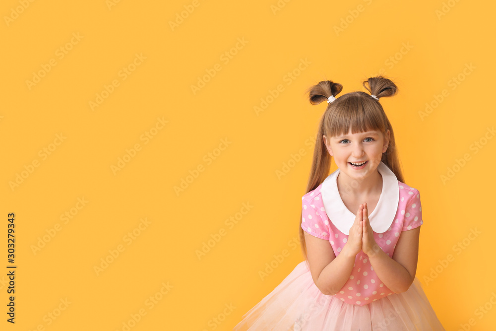 Cute little girl on color background Stock Photo | Adobe Stock