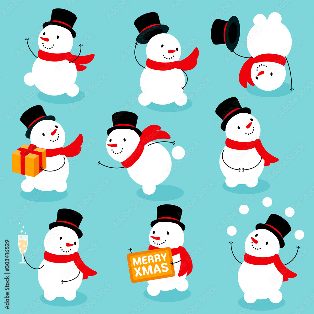 Flat design ready for animation collection of funny christmas snowman ...