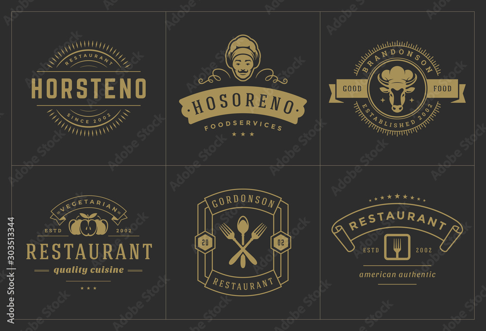 Restaurant logos templates set vector illustration good for menu labels ...