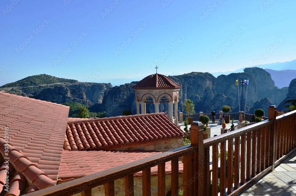Stock-Foto „Meteora, Polichni, Greece. 10/24/2019. red roof, fence and ...