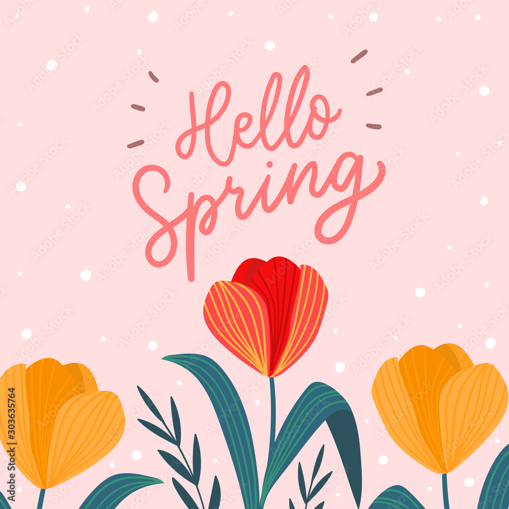 Hello spring words with tulips flowers for print, card, poster ...