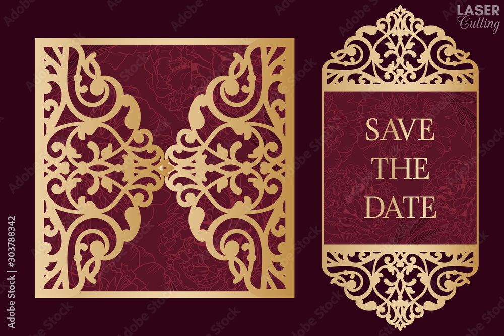 Laser cut wedding invitation card template vector. Cutout paper gate ...