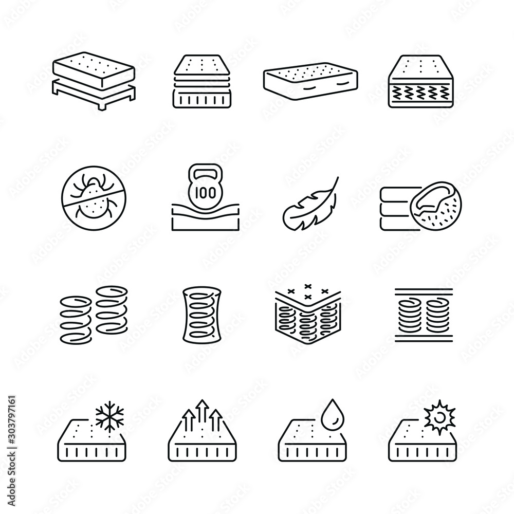 Mattress related icons: thin vector icon set, black and white kit 素材庫向量 ...