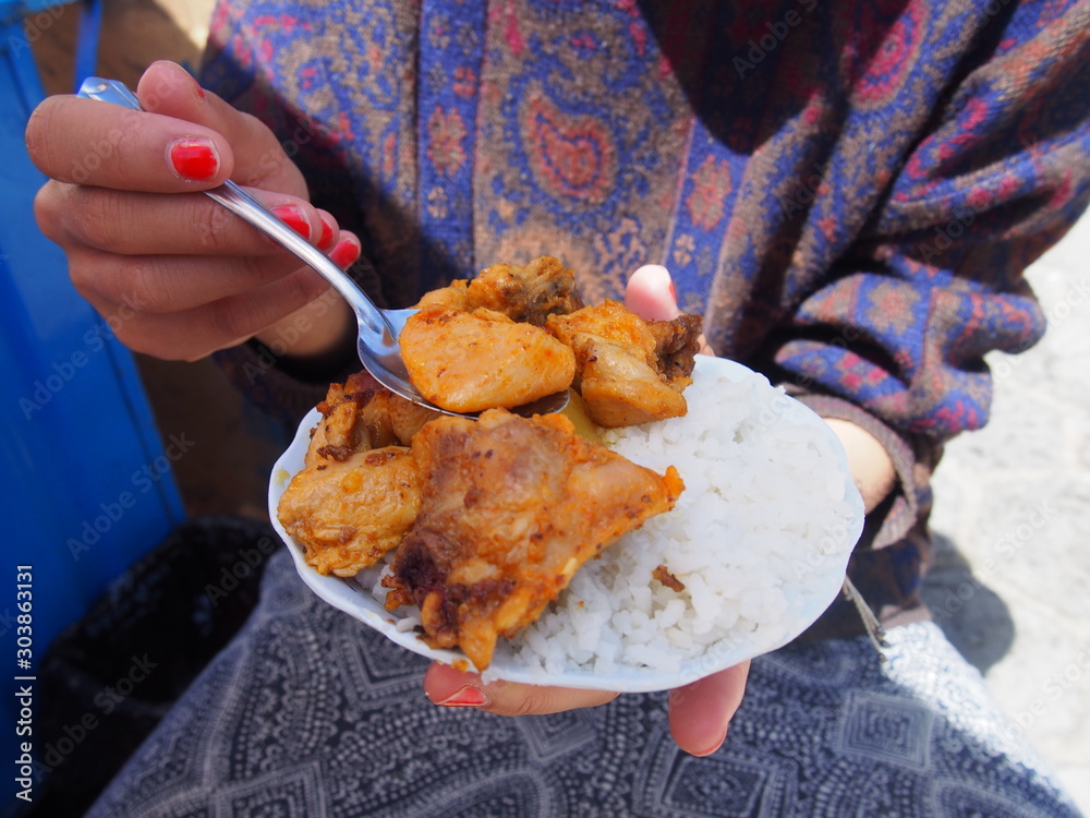 Local food of chicken rice that we can buy on the street, Near Salar de ...