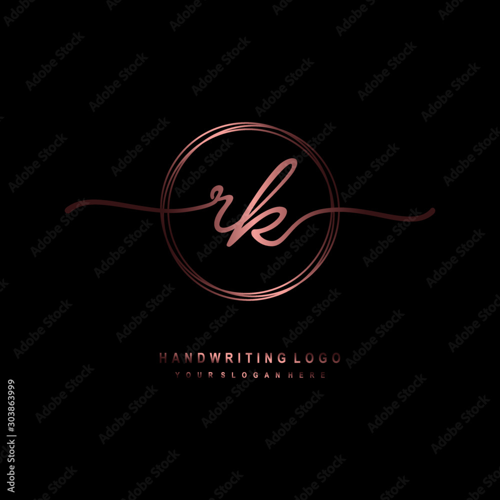 RK Initial handwriting logo design with circle lines dark pink ...