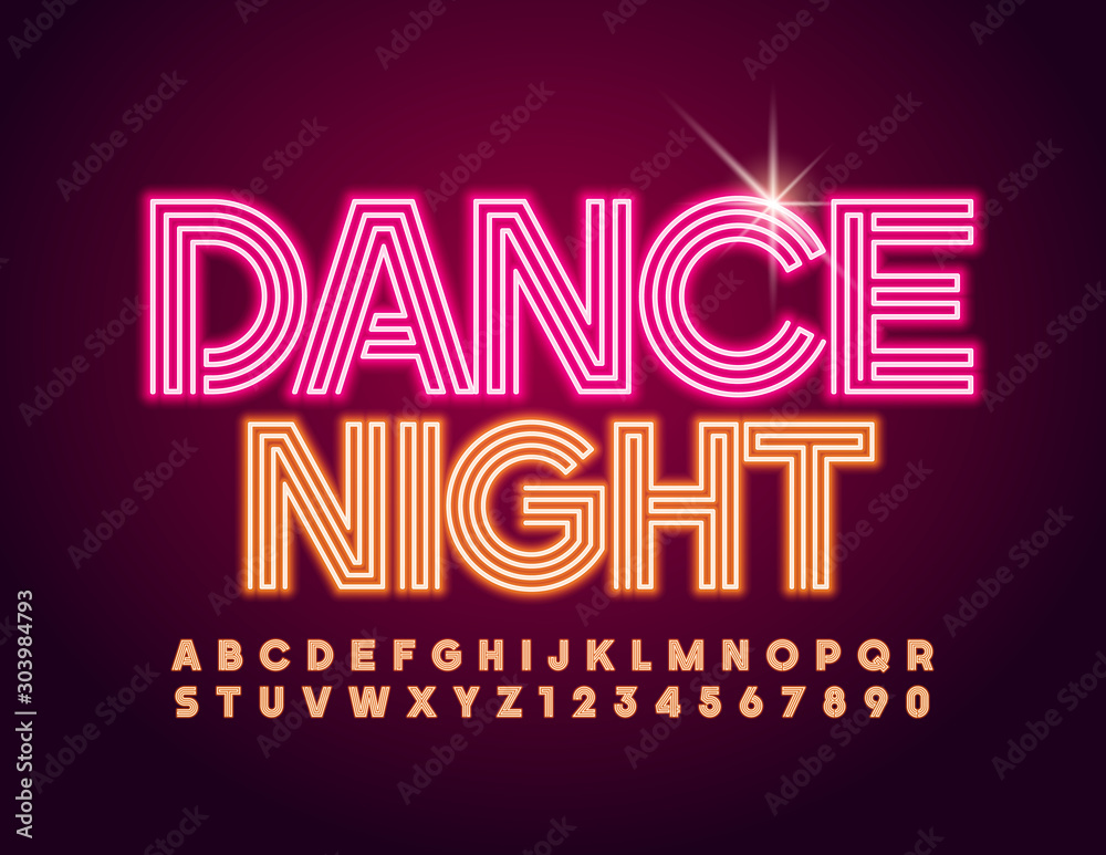 Vector illuminated Emblem Dance Night with modern glowing Alphabet ...