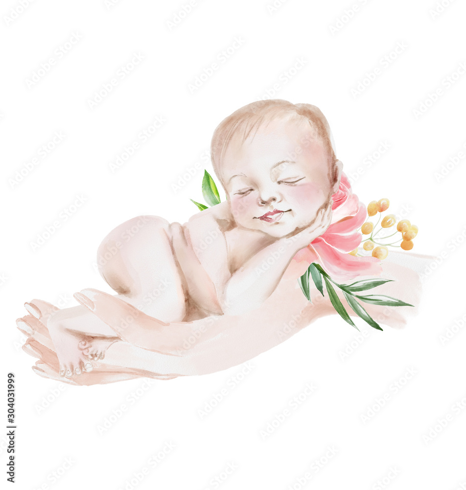 Cute watercolor newborn baby girl with floral wreath, flowers bouquet ...