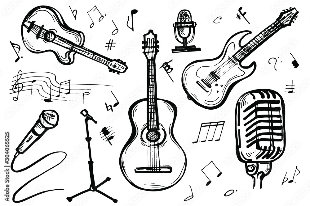Music Doodle Vector Set. Hand drawn sketch of guitar and microphone ...