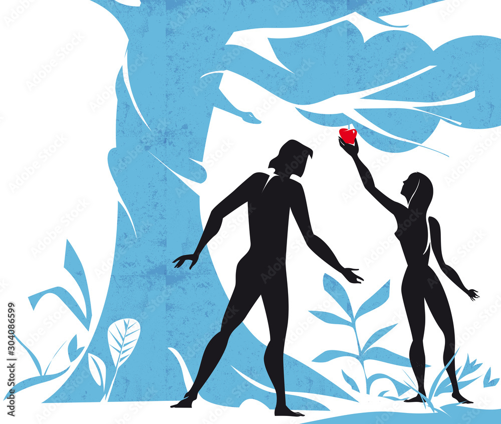 Adam and Eve in the Eden garden with the forbidden fruit Stock Vector ...