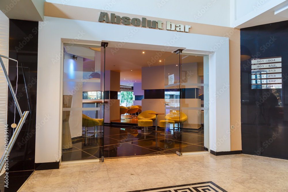 hall of Greek resort, the interior of the reception and main entrance ...