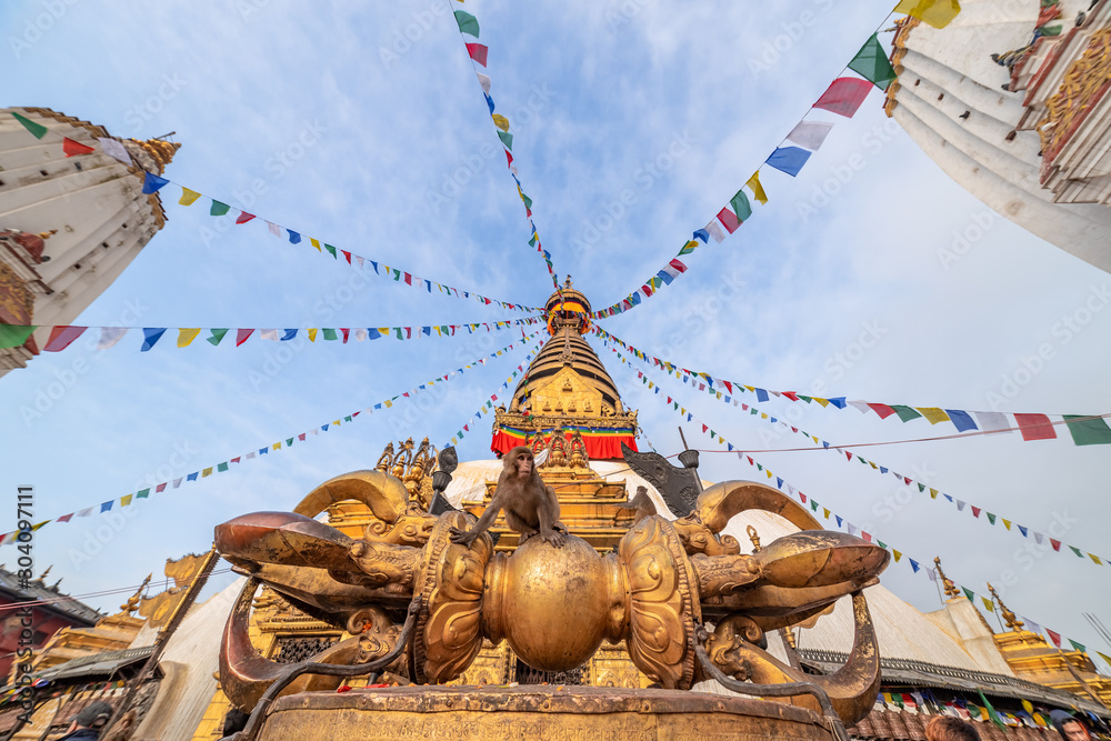 Swayambhunath Stupa, aka The Monkey Temple, during sunrise in Kathmandu ...