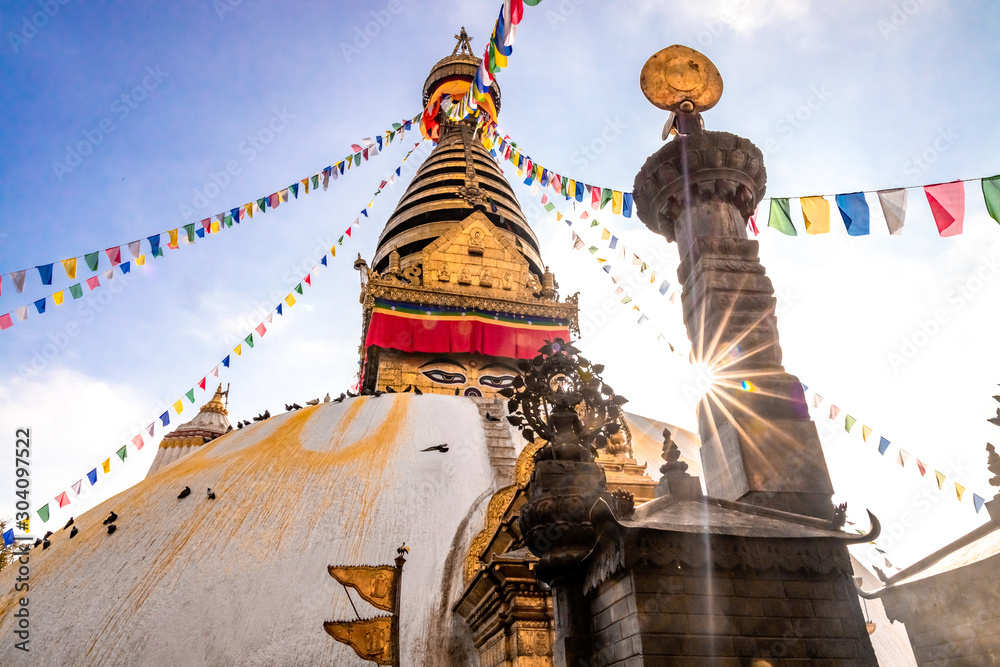 Swayambhunath Stupa, aka The Monkey Temple, during sunrise in Kathmandu ...
