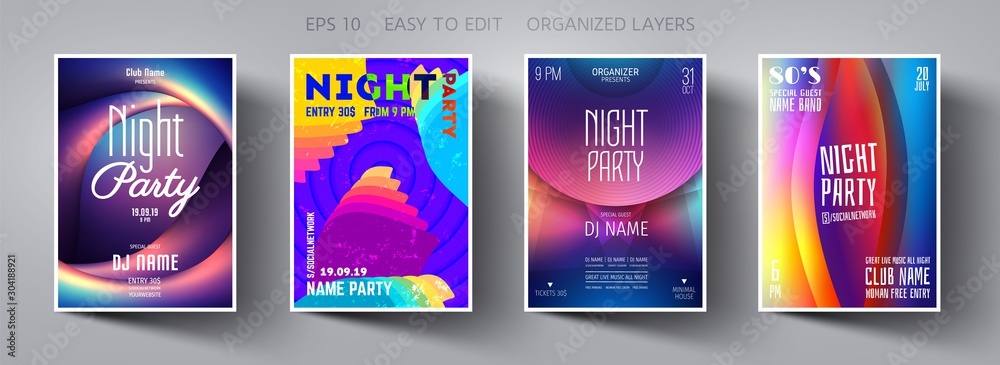 ภาพประกอบ Stock Night party poster set. Festive banner concept ...