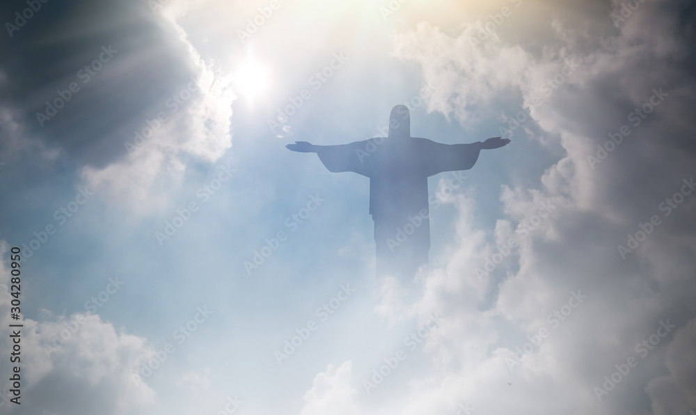 Jesus appeared bright in the sky and Christian Cross with soft fluffy ...