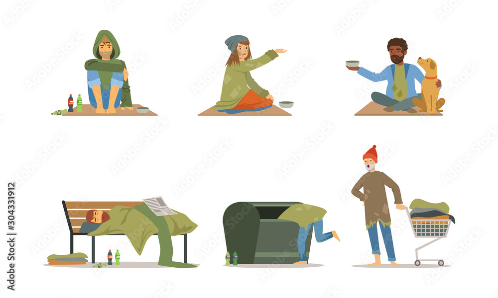 Homeless People Characters Vector Set. Poverty Concept Stock Vector ...