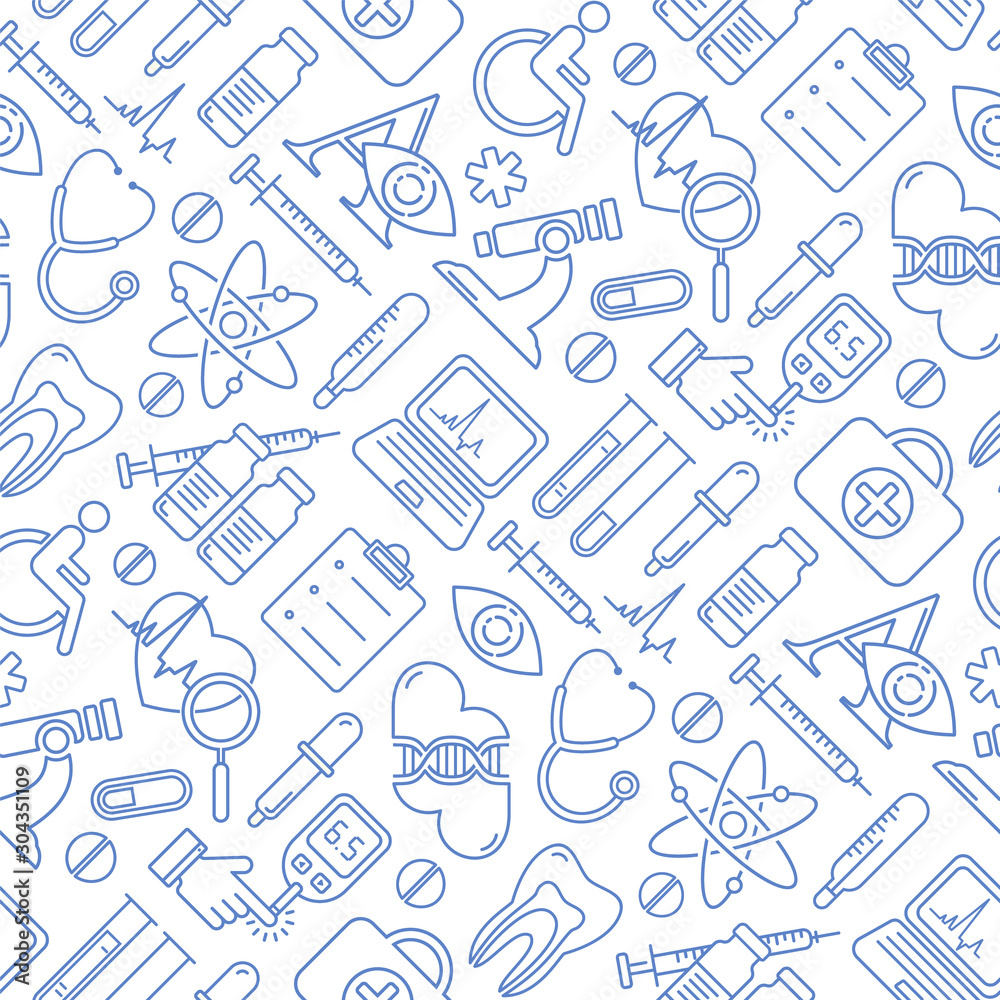 Vector medicine and health design seamless pattern with modern linear ...