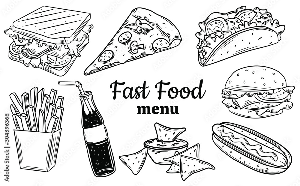 Sketch style vector illustration of fast food. Set of the different ...