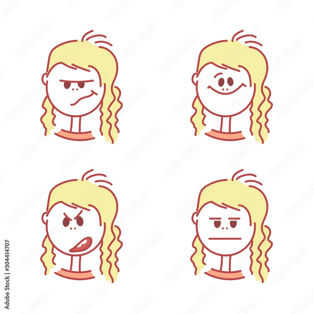 Set of girl's emotions. Facial expression. Girl Avatar. Young woman ...