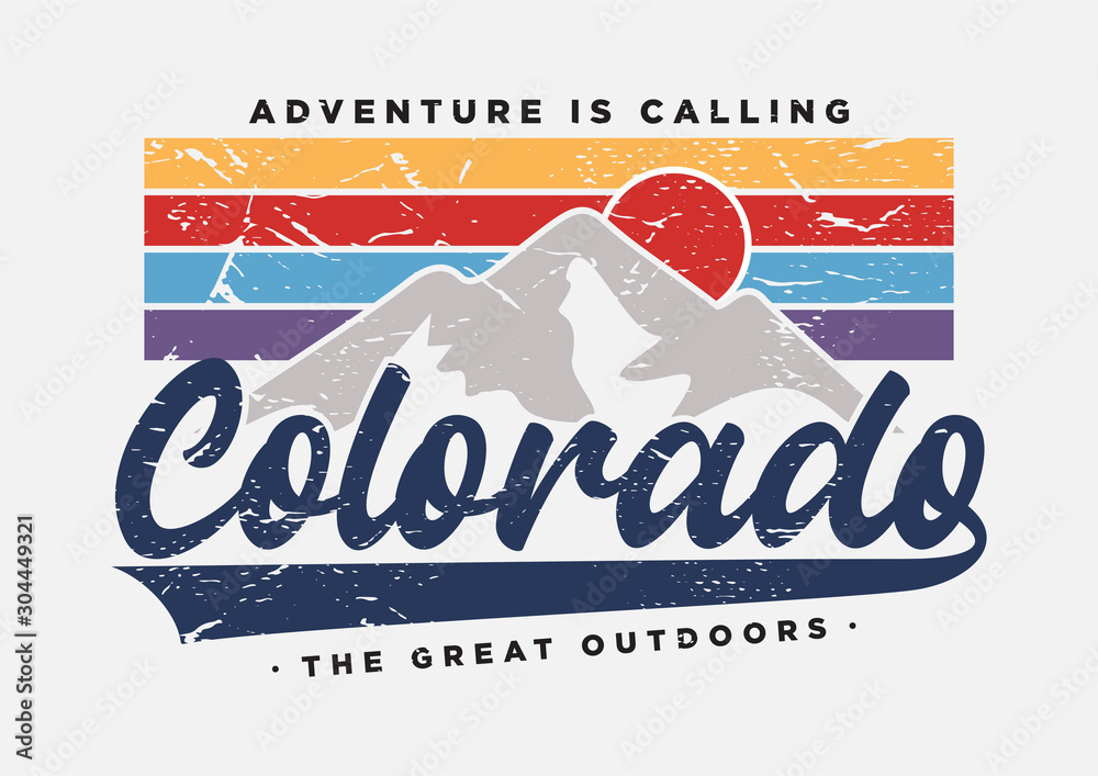 colorado typography slogan with sun and mountain illustration for ...