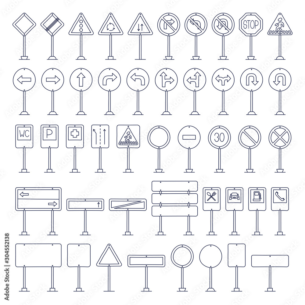 Vector mega set of doodle road signs. Hand-drawn traffic sign icons ...