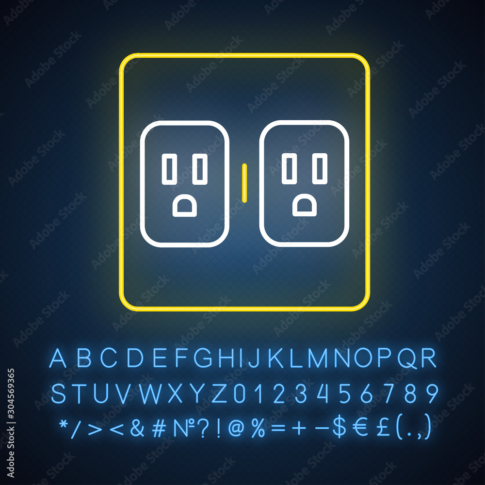 Stock-Vektorgrafik „Charging outlets neon light icon. Two wall sokets ...
