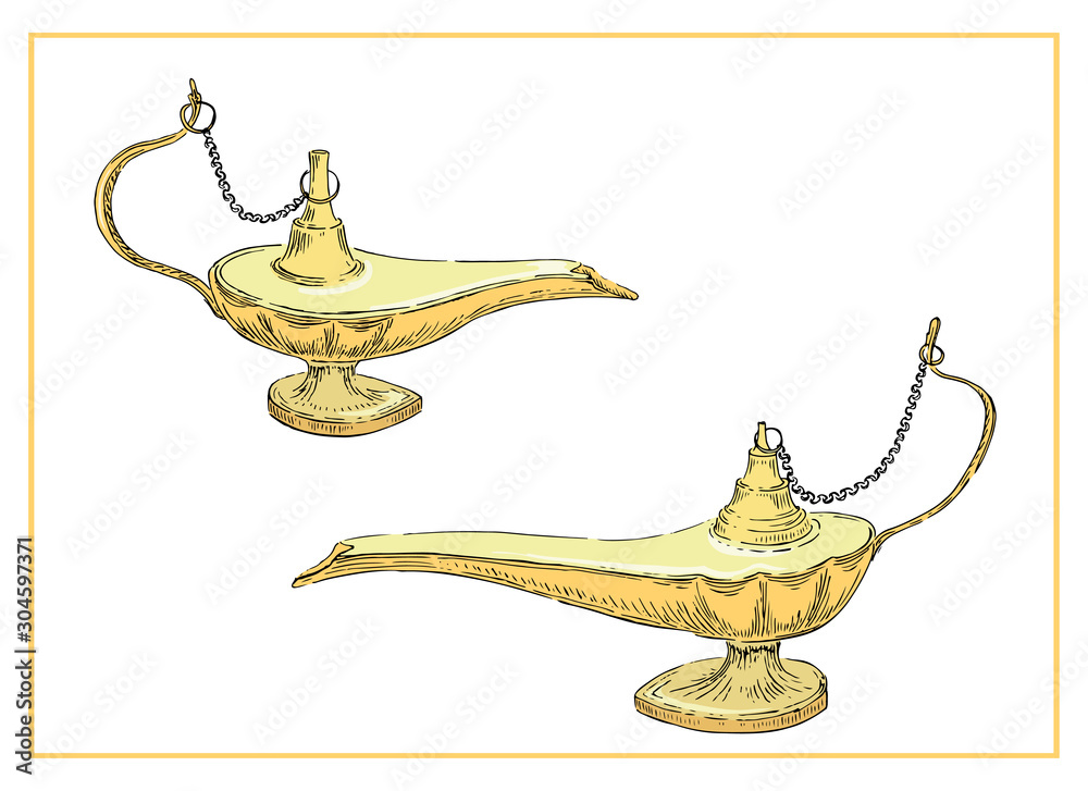 The metal magic lamp of Aladdin. Vector colored vintage prints ...