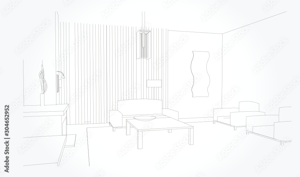Linear sketch of an interior. Living room plan. Sketch Line sofa set ...