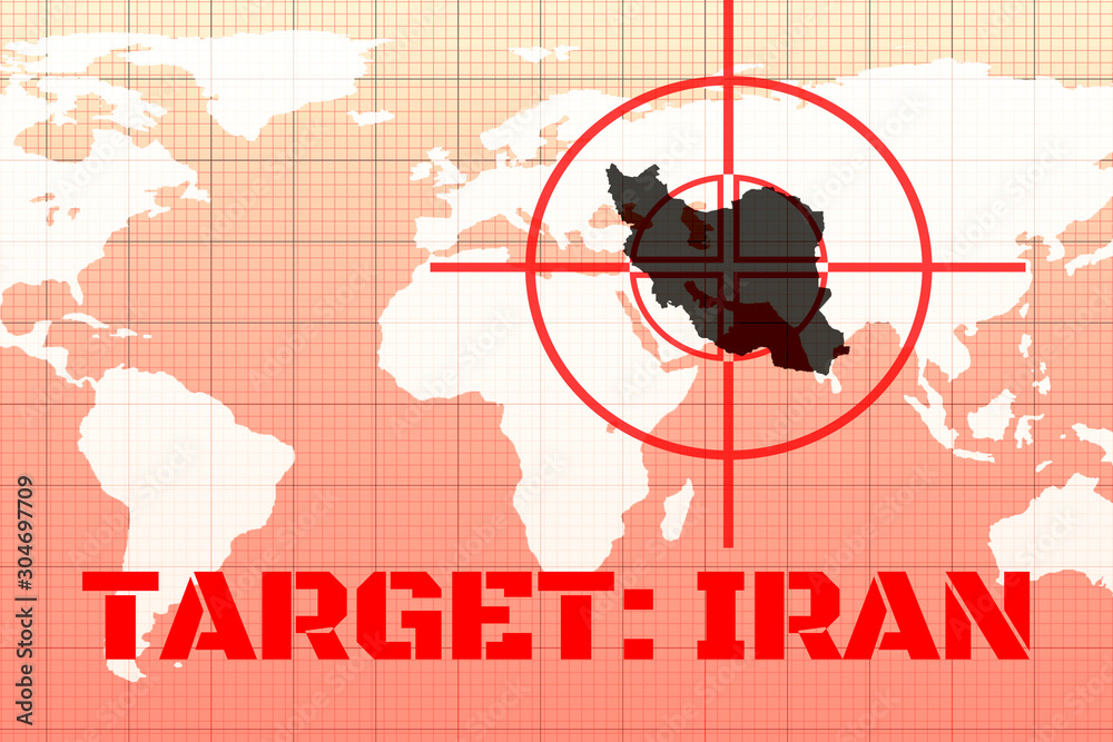 target Iran. Illustration of aggression against Iran on a world map ...