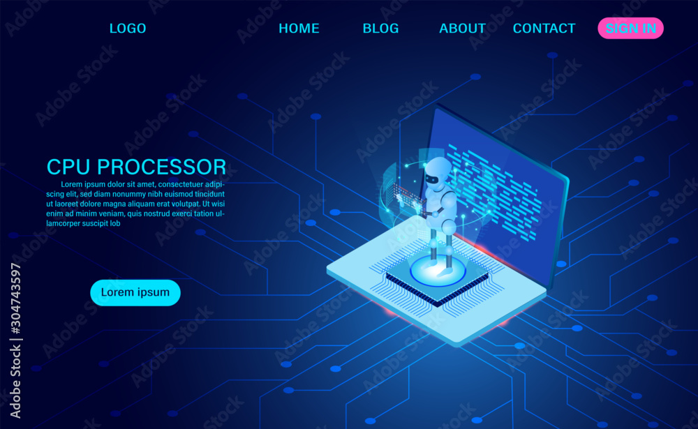 artificial intelligence robot technology. big data processing, CPU processor isometric banner ...