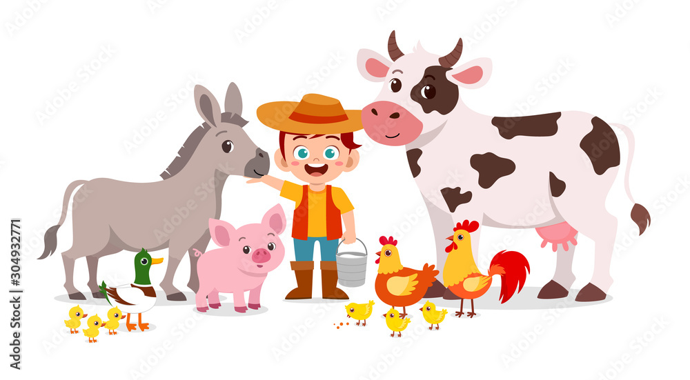 happy cute kid boy live in farm with animal Stock Vector | Adobe Stock
