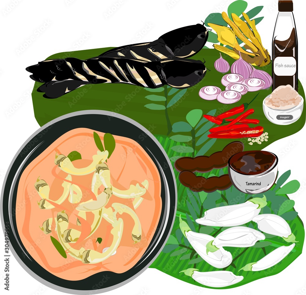 Thai curry (Thai name is Kaeng Som Dok Khae), Agusta flower (Sesbania ...