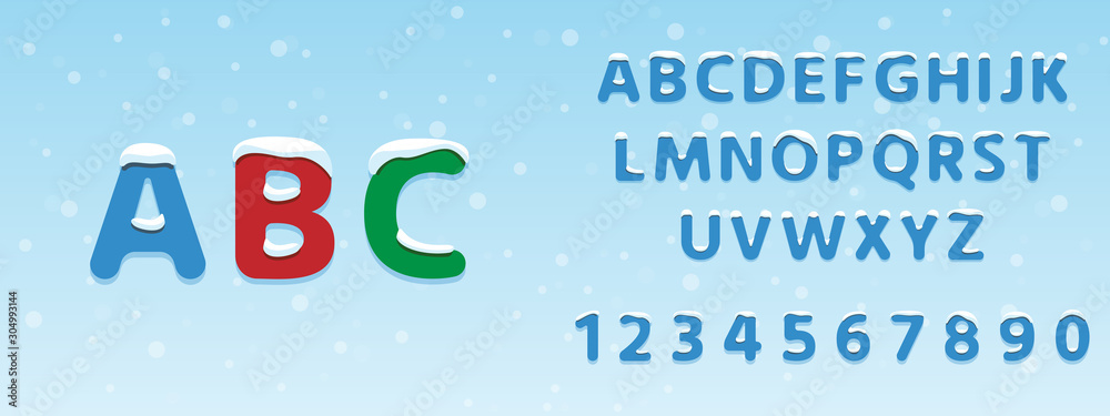 Winter font. Snow covered letters and numbers with usage example ...