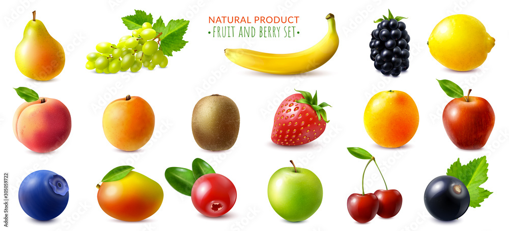 Realistic Berries And Fruits Set Stock Vector | Adobe Stock