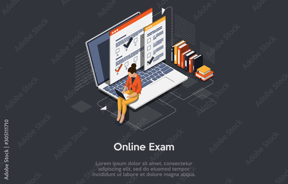 Isometric Online Exam concept, Education Online, can be used for web ...