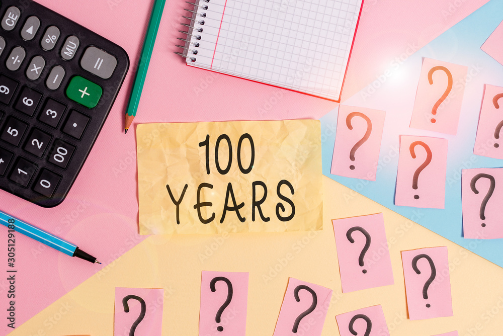 Writing note showing 100 Years. Business concept for Remembering ...