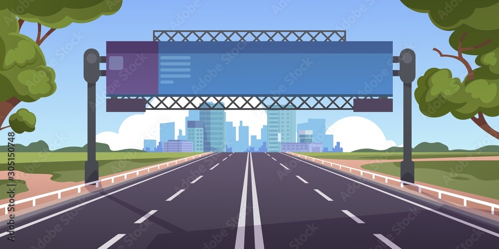 เวกเตอร์ Stock Cartoon highway. Empty road with city skyline on horizon ...