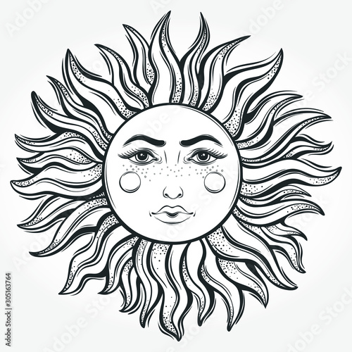 Bohemian hand drawn sun. Vector illustration for coloring book, t ...