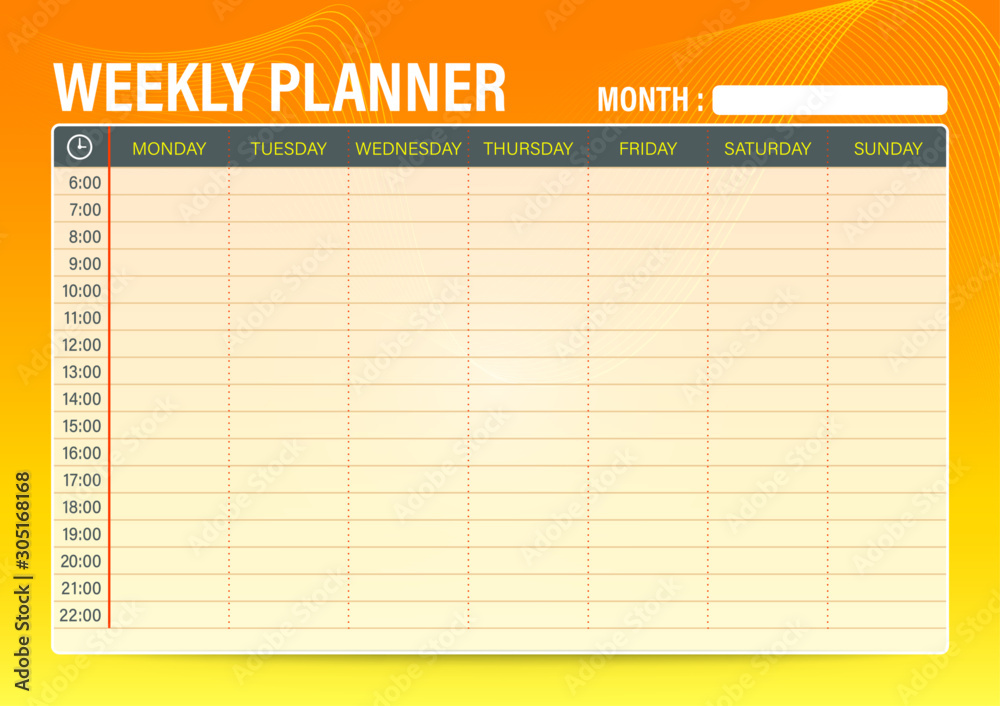 Simple Weekly schedule planner template with orange to yellow gradient color background, A4 size ...