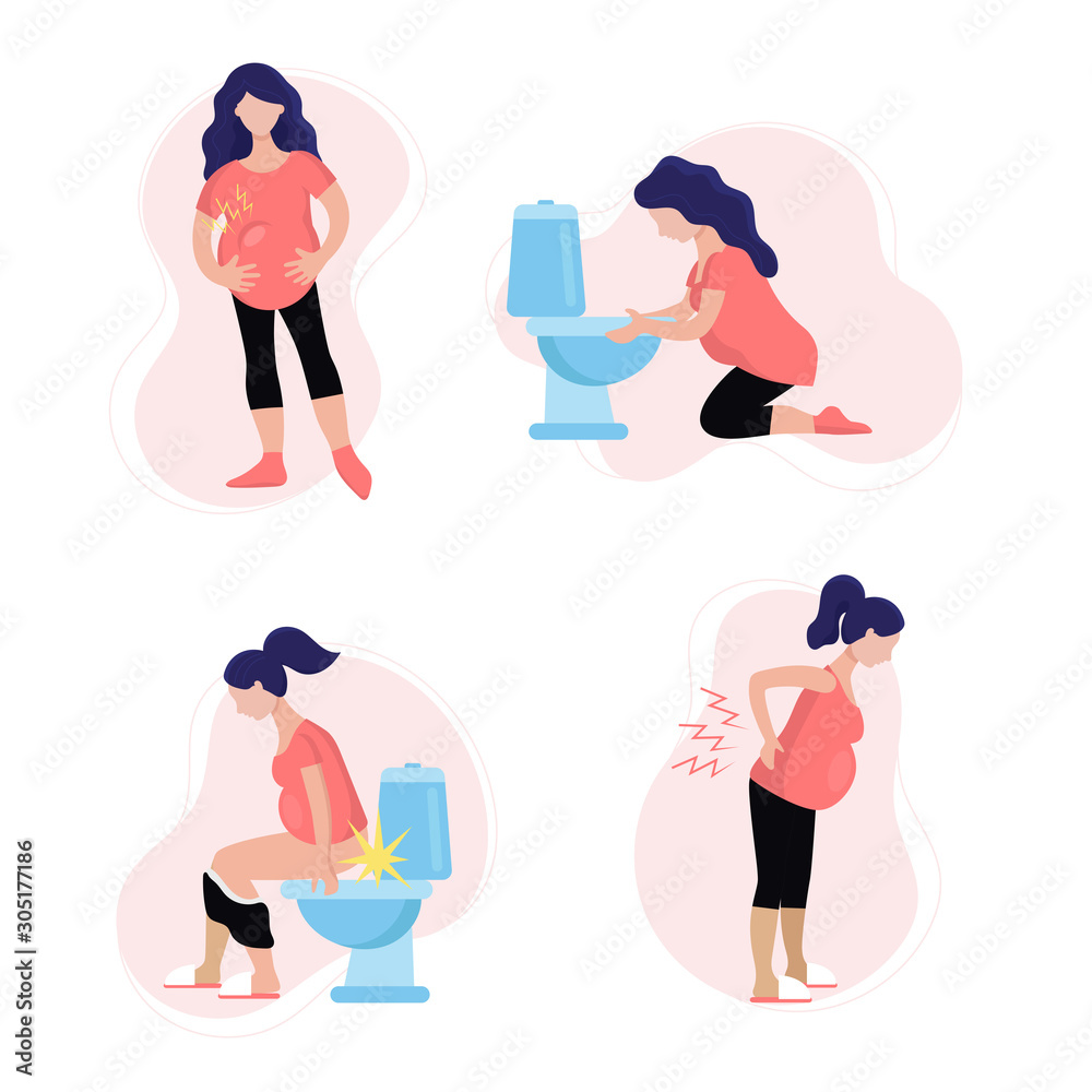 Young pregnant woman in different problems. Toxicosis, nausea, vomiting ...